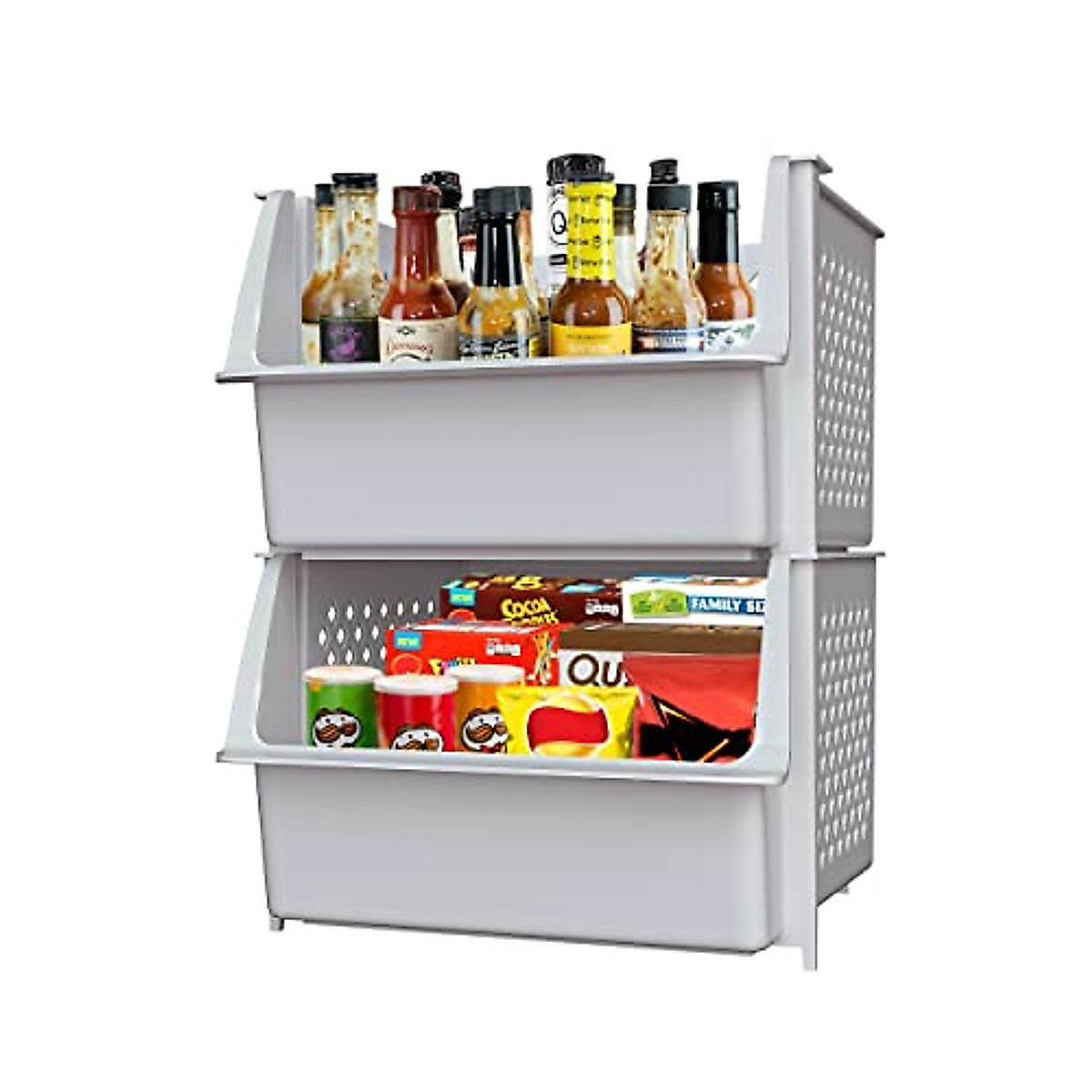 Skywin Plastic Stackable Storage Bins for Pantry - Stackable Bins For Organizing Food, Kitchen, and Bathroom Essentials (Light Grey, 2-Pack)