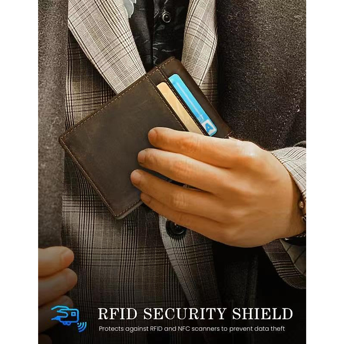 kinzd Slim Wallet with Money Clip RFID Blocking Minimalist Bifold Wallet for Men Genuine Leather Front Pocket Card Holder (AS137 - Crazy Horse Leather Dark Brown)