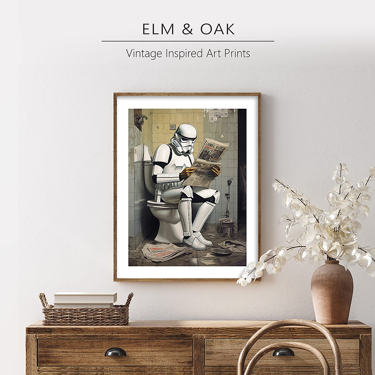 Star Wars Bathroom Décor Art Print - Premium Giclee Fine Art Print - Aesthetic Modern Vintage Painting Style Darth Vader Stormtrooper Yoda Print Poster for Bathroom Wall Decor, Ready to Frame