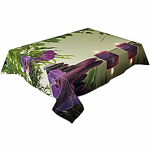 Cotton Linen Tablecloth Zen Spa Wrinkle-Free Table Cloth Cover Butterfly Orchid Zen Basalt Stones Candle Purple Table Decorative for Wedding Dinning Party Banquet Tabletop Rectangle/Oblong, 54"Wx87"L