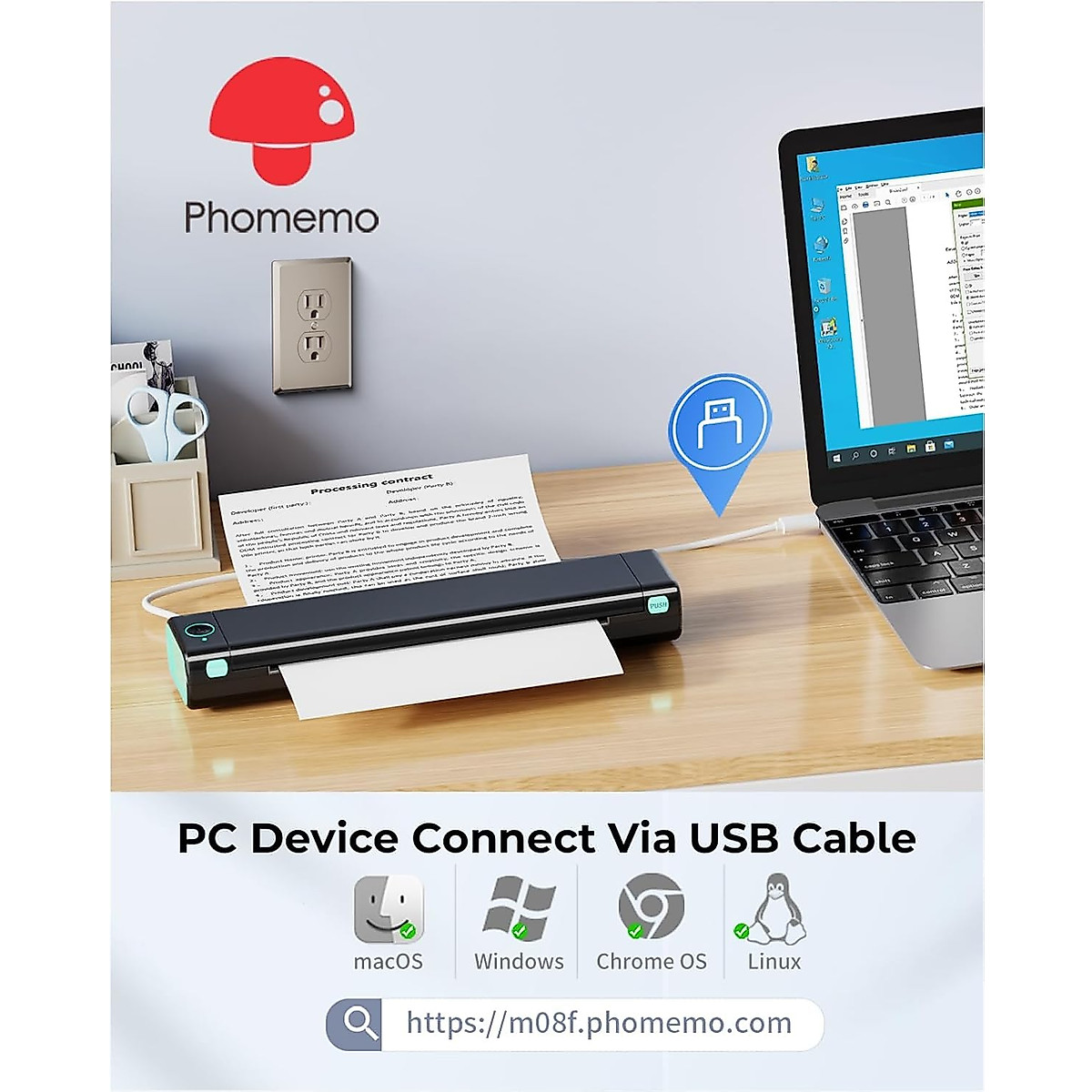 Phomemo Portable Printer Wireless for Travel, [New] M08F-Letter Bluetooth Mobile Printer Support 8.5" X 11" US Letter, No-Ink Thermal Compact Printer, Compatible with Android and iOS Phone & Laptop