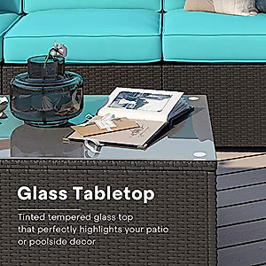 Rio AcePRO 6 Piece Patio Conversation Garden Sectional Sofa Outdoor Furniture Couch Set, Brown Wicker and Beige Cushion, Blue