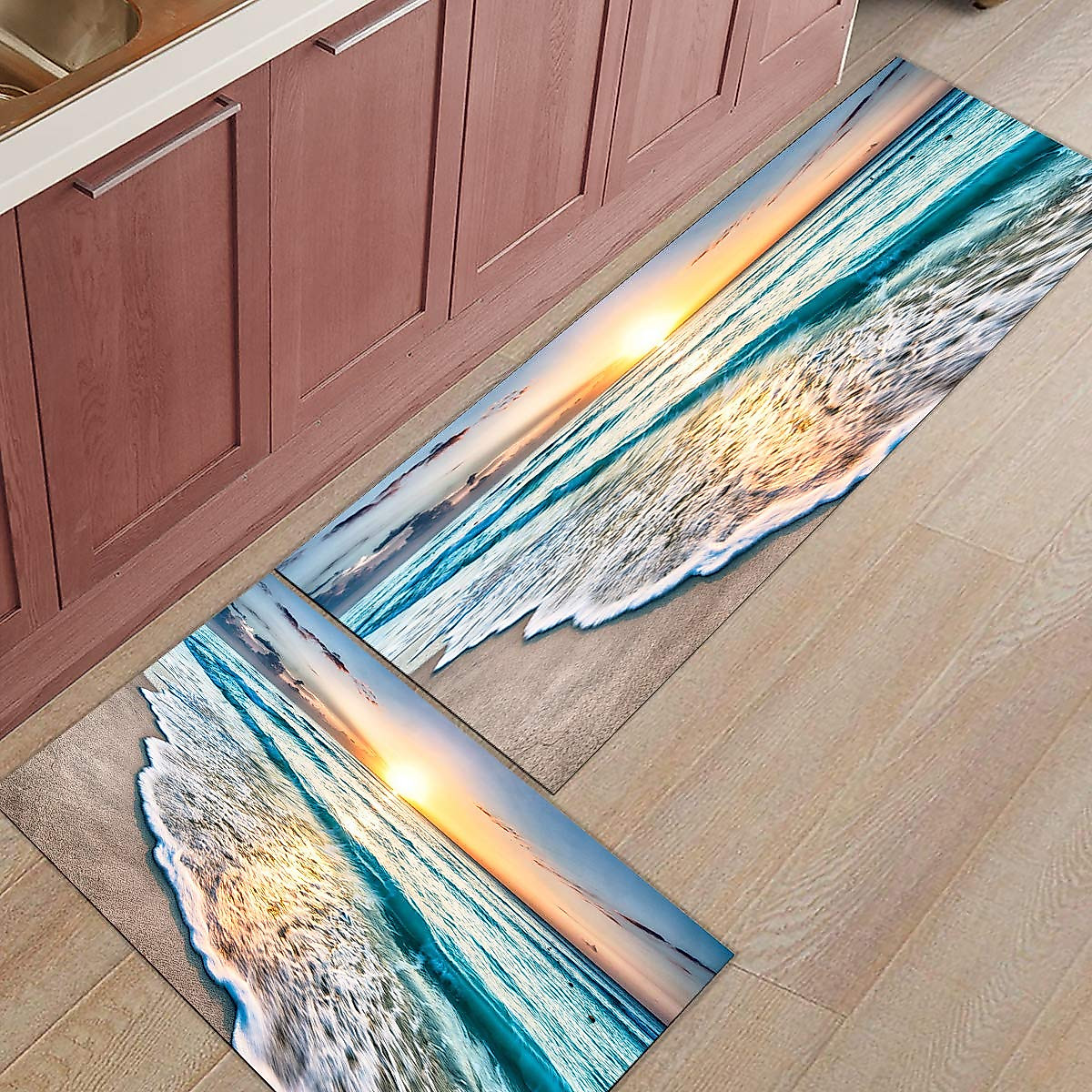 Kitchen Mat Set 2 Piece Non Slip Soft Rubber Back Doormat,Washable Floor Mat Living Room Carpet Runner Rug Set- Tropical Sand Beach Sea Waves Sunrise Seaside Scene (19.7" x 31.5"+19.7" x 47.2")