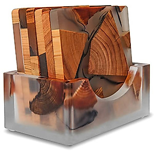 Wood Coasters with Holder, GOH DODD Wooden Drink Coasters Set, Modern Epoxy Coasters, Suitable for Most Kinds of Cups, 6 Pieces, Square