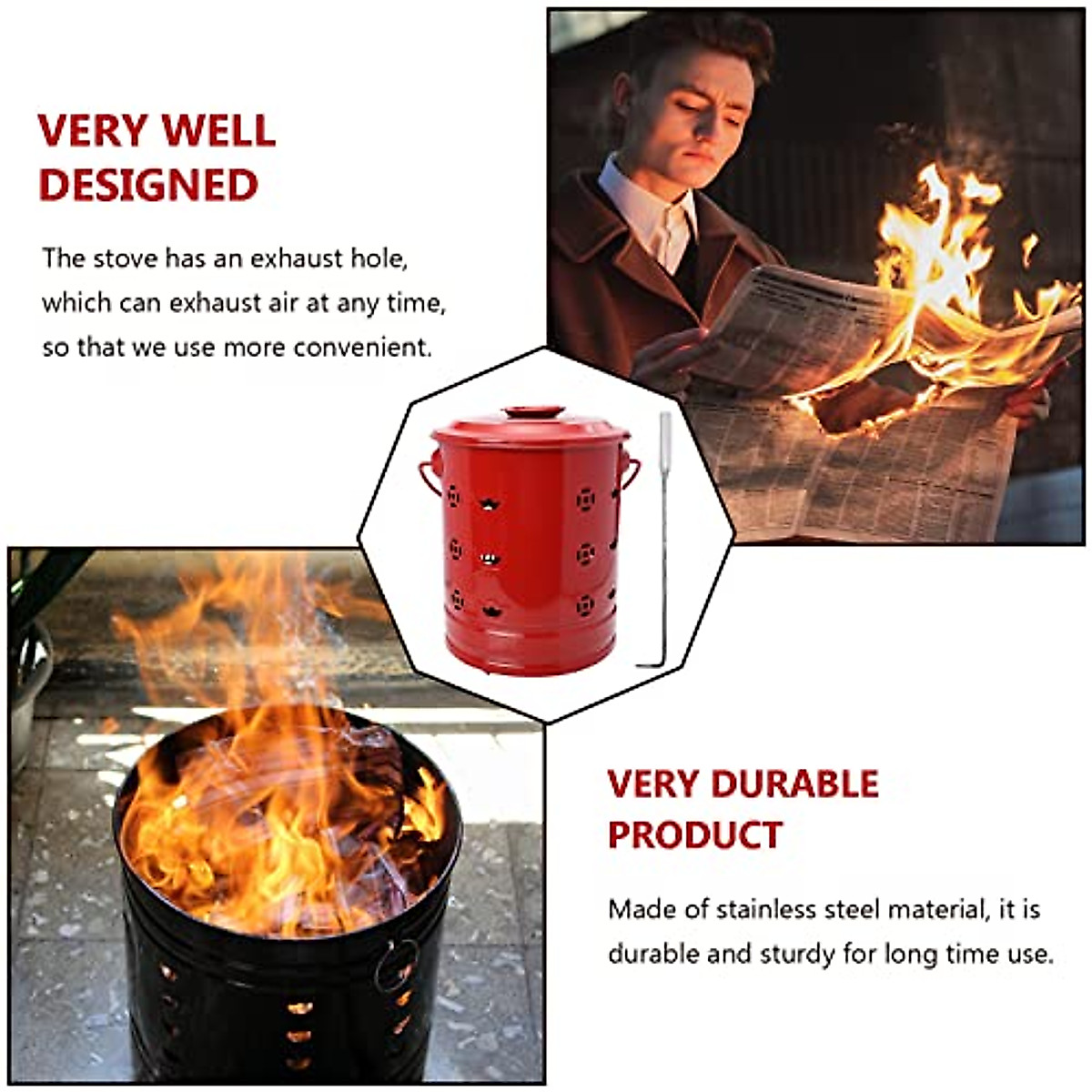 HANABASS Enamel Burn Barrel Incinerator Cages Fire Pits with Double Handle Fire Pit Poker Stick Metal Garden Fire Cage Debris Burn Bin Pot for Wood Paper Leaf Trash Backyard Bonfire