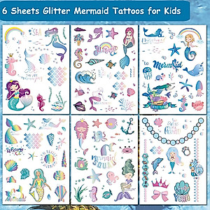 CHARLENT 100 Glitter Styles Mermaid Temporary Tattoos for Girls - 6 Sheets Glitter Mermaid Tattoos for Girls Mermaid Birthday Party Favors Goodie Bag Fillers