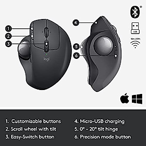 Logitech MX Ergo Wireless Trackball Mouse Adjustable Ergonomic Design, Control and Move Text/Images/Files Between 2 Windows and Apple Mac Computers (Bluetooth or USB), Rechargeable, Graphite - Black