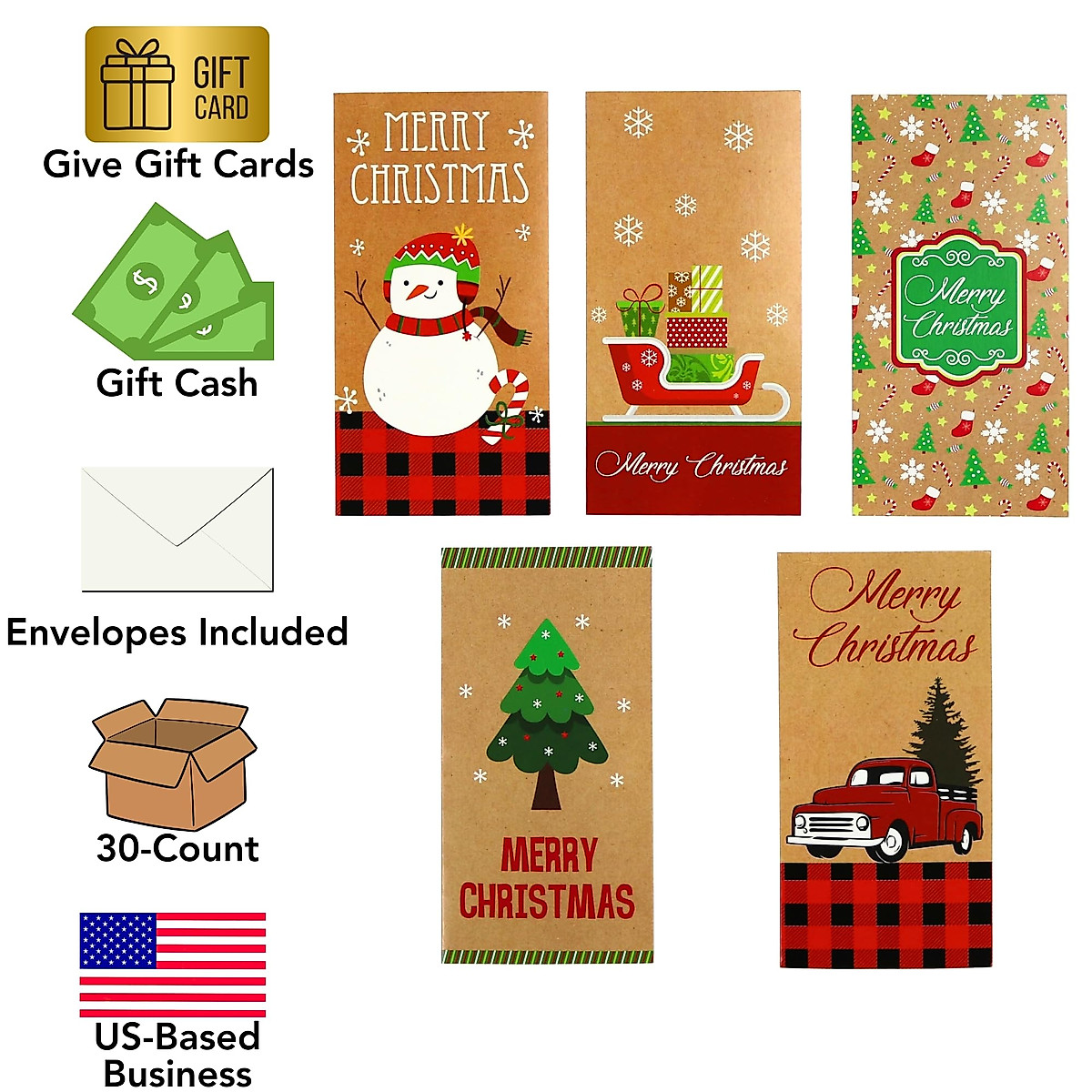 Iconikal Kraft Christmas Gift Card/Money Holders and Envelopes, 30-Count