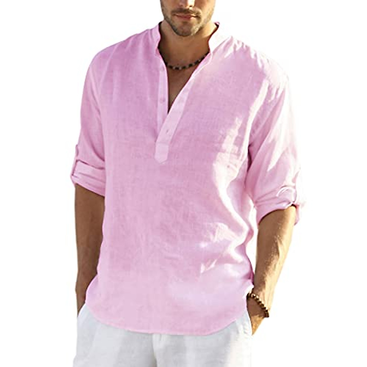 COOFANDY Men's Cotton Linen Henley Shirt Long Sleeve Hippie Casual Beach T Shirts Pink