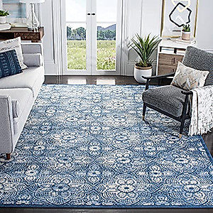 SAFAVIEH Brentwood Collection 9' x 12' Navy / Cream BNT862N Floral Distressed Non-Shedding Living Room Bedroom Dining Home Office Area Rug