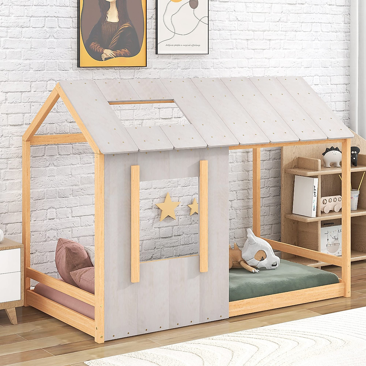 Twin House Bed for Kids, Wooden Twin Floor Bed Frame with Roof and Window, for Girls Boys (Twin Size, Natural+Antique White)