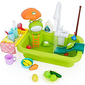 EAPURA Kids Kitchen Sink Toy Set, 47PCS Kitchen Sink Toy with Upgraded Electric Faucet, Frog Swimming Pool Floating Fishing Toy, Children's Role-Playing Dishwasher Toy.