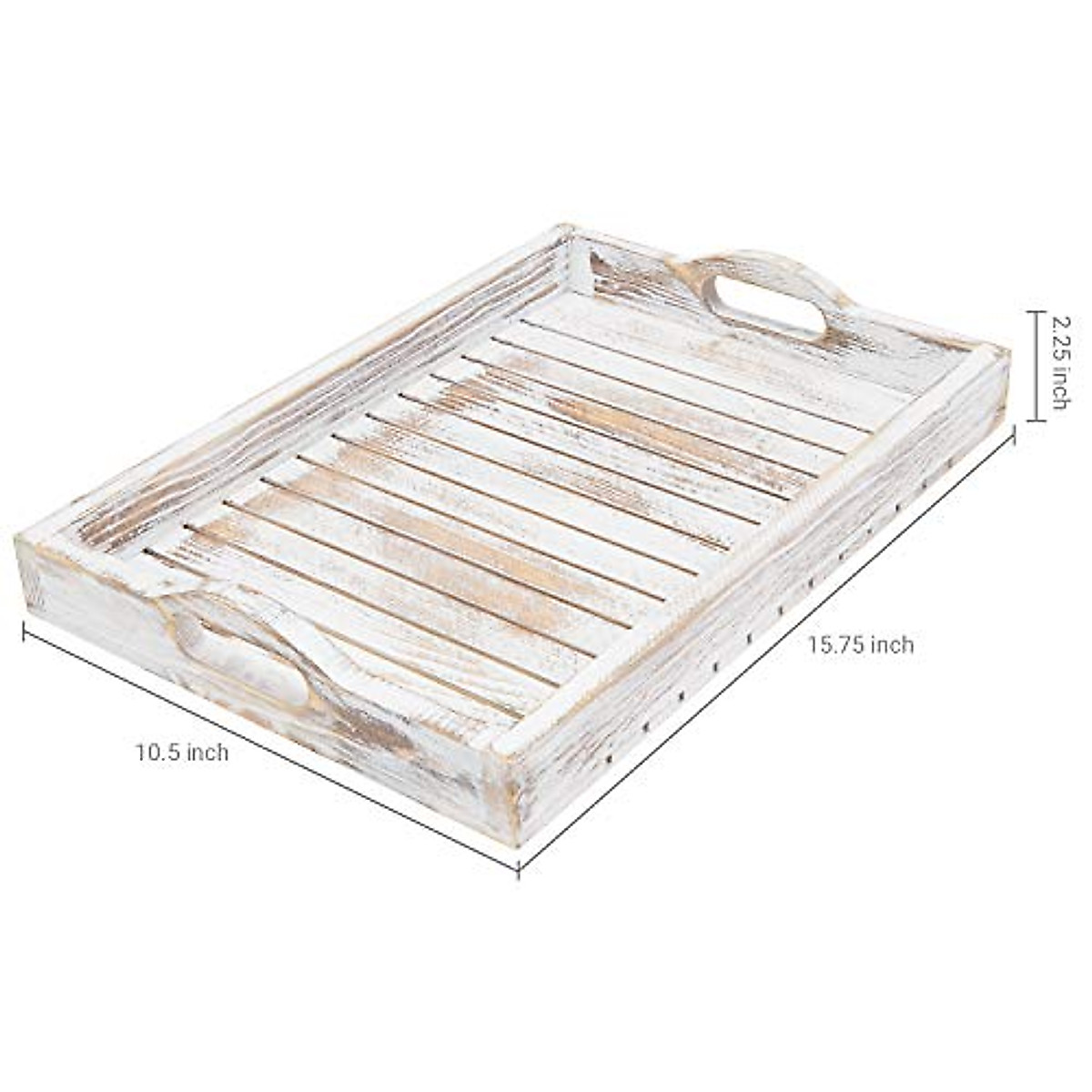 MyGift Shabby Chic Whitewashed Wood Breakfast Serving Tray with Cutout Handles