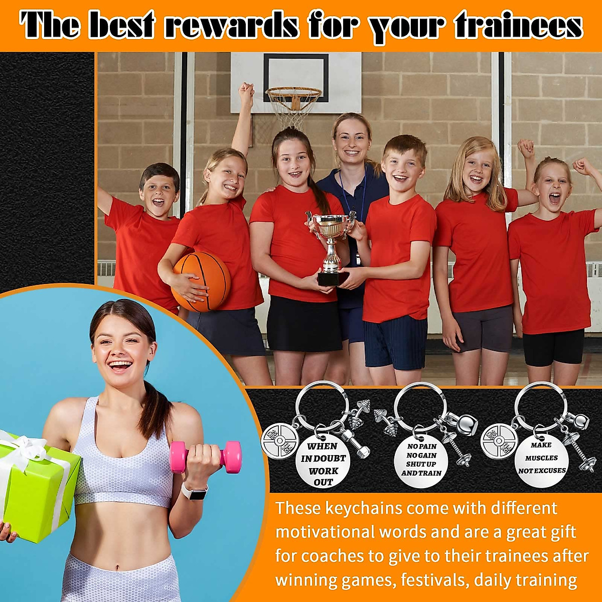 Yinkin 6 Pieces Fitness Gym Charm Keychains Stainless Steel Fitness Gifts with Quotes Dumbbell Personal Trainer Gifts Workout Gifts for Women Gym Keychain for Fitness Enthusiast