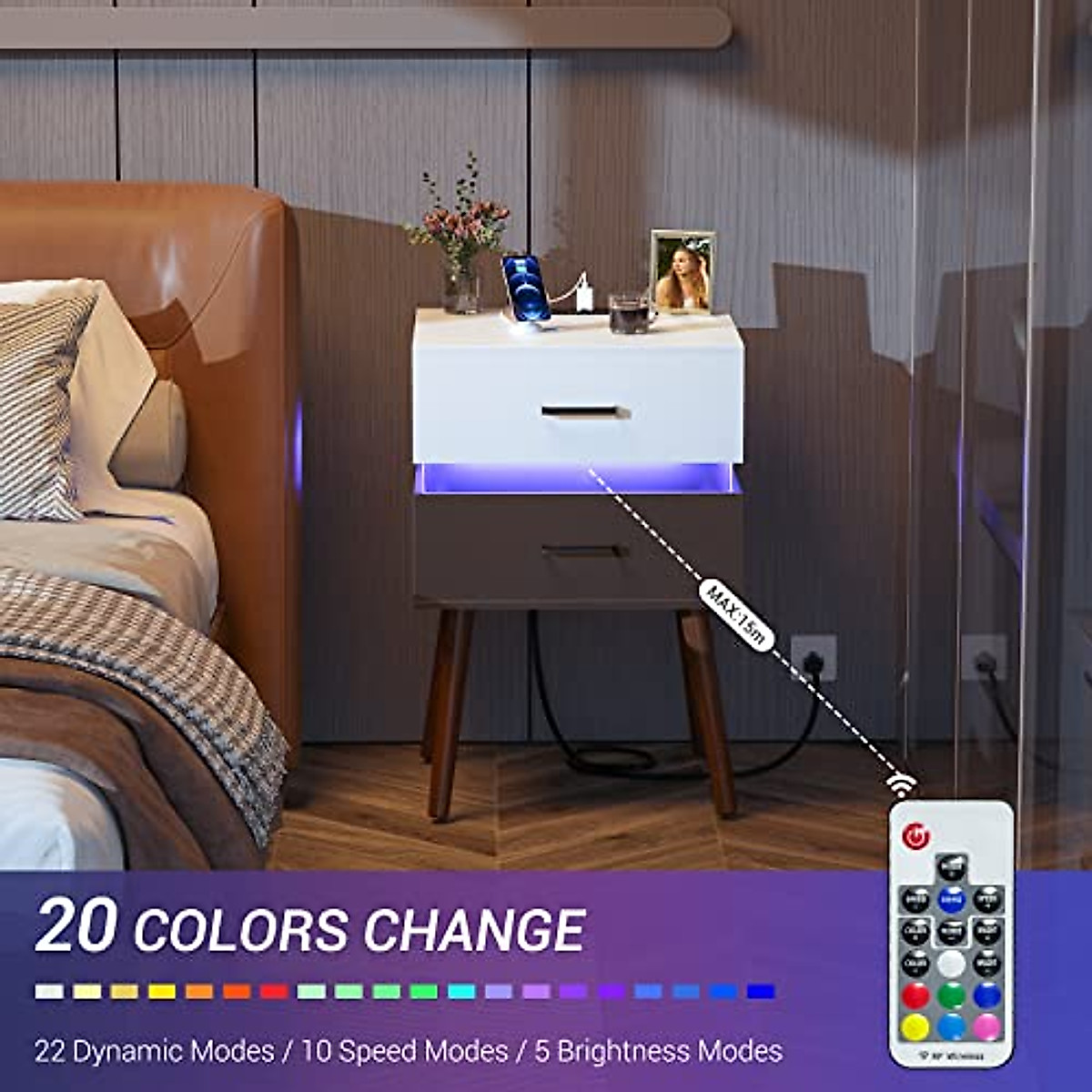 armocity Nightstands with Charging Station and LED Light, Bedside Table with Drawers, Modern Nightstand with Charging Port, Sturdy Night Stands with Light for Bedrooms, Guest Room, White and Black