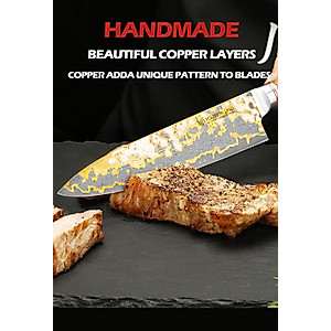 YOUSUNLONG Chef Knife - 8'' Blade Japanese Handmade Copper Damascus Steel - Professional Chef's Knife - Razor Sharp Slicing Knife - Naturel Burl Wooden Handle with Leather and Acacia Wood Box