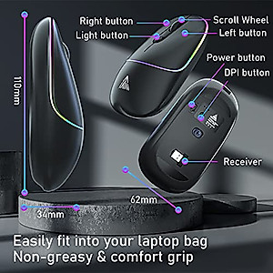 SOLAKAKA RGB 2.4GHz Wireless Mouse, Slim Portable Cordless Silent Laptop Office Mouse, Rechargeable USB PC Computer Mice, Black