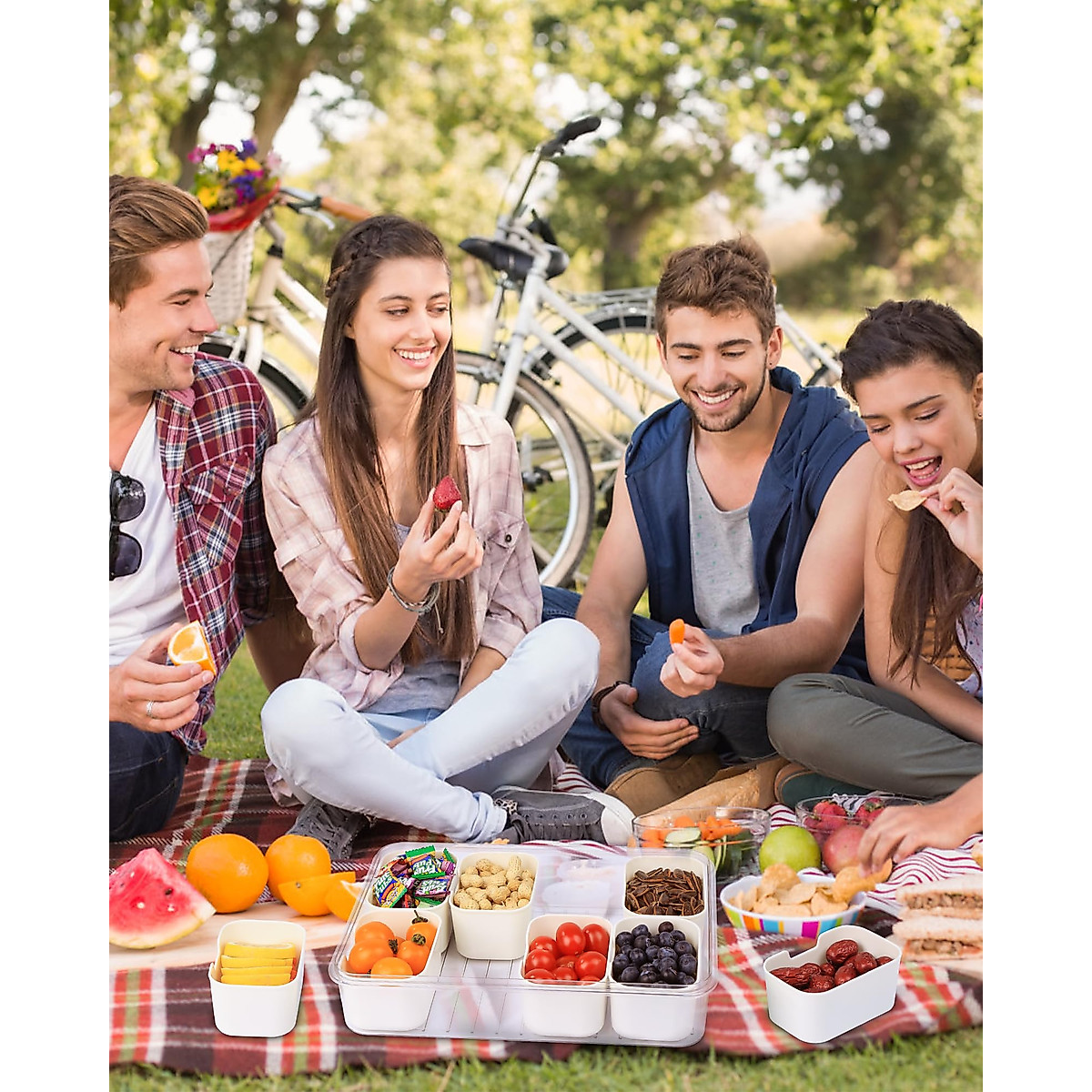 HAKPNEW Snackle Box Container with Lid & Handle, Divided Clear Snack Box Serving Tray, Refrigerator Organizers and Storage for Fruit, Candy, Charcuterie, Veggie, Perfect for Party, Travel, & Picnic