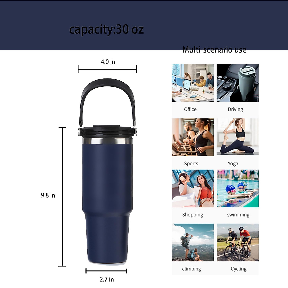 Insulated Straw Mug, 30 oz Anti-Leak Tumbler with 3-Way Lid: Sip, Straw, or Pour - Stainless Steel Travel Coffee Mug Fit Cupholder with Easy-to-carry Handle (Navy)