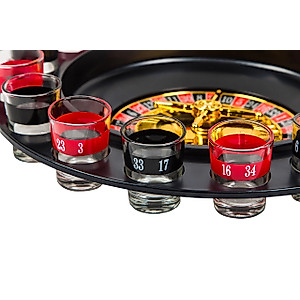 BETTERLINE Shot Glass Roulette Drinking Game and Poker Playing Cards Set - Spinning Wheel, 2 Balls and 16 Shot Glasses - Casino Adult Party Games