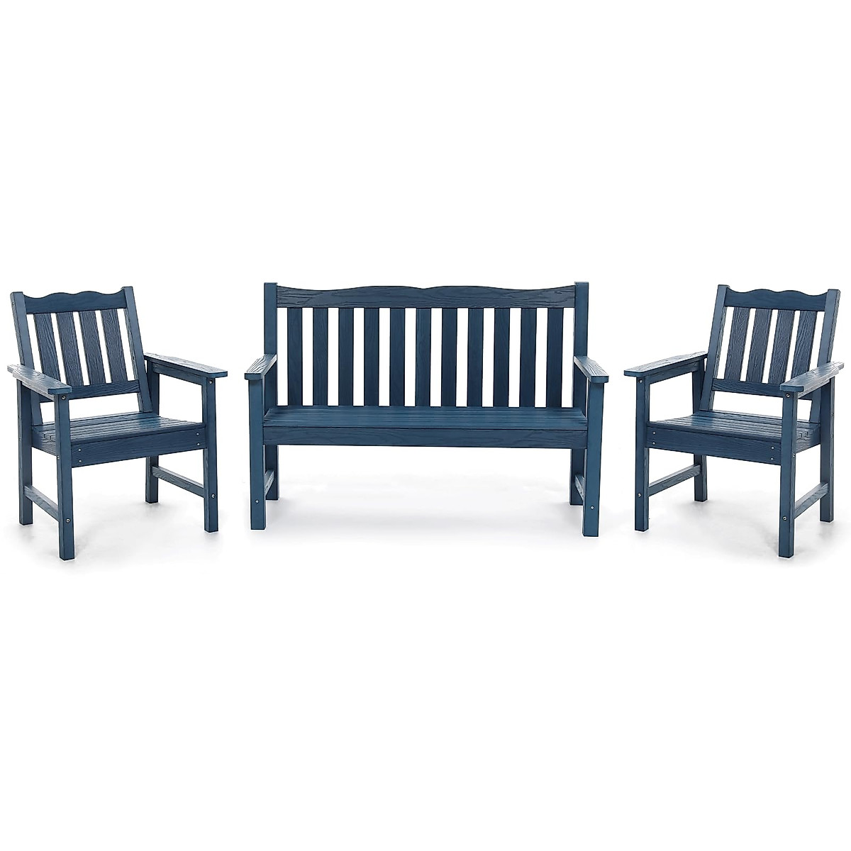 Stoog Oversized Patio Bench & Chairs Set, All-Weather Outdoor Furniture Set, Include 2 Patio Chairs and 1 Patio Bench, for Porch, Backyard, Lawn, Pool and Deck, Blue