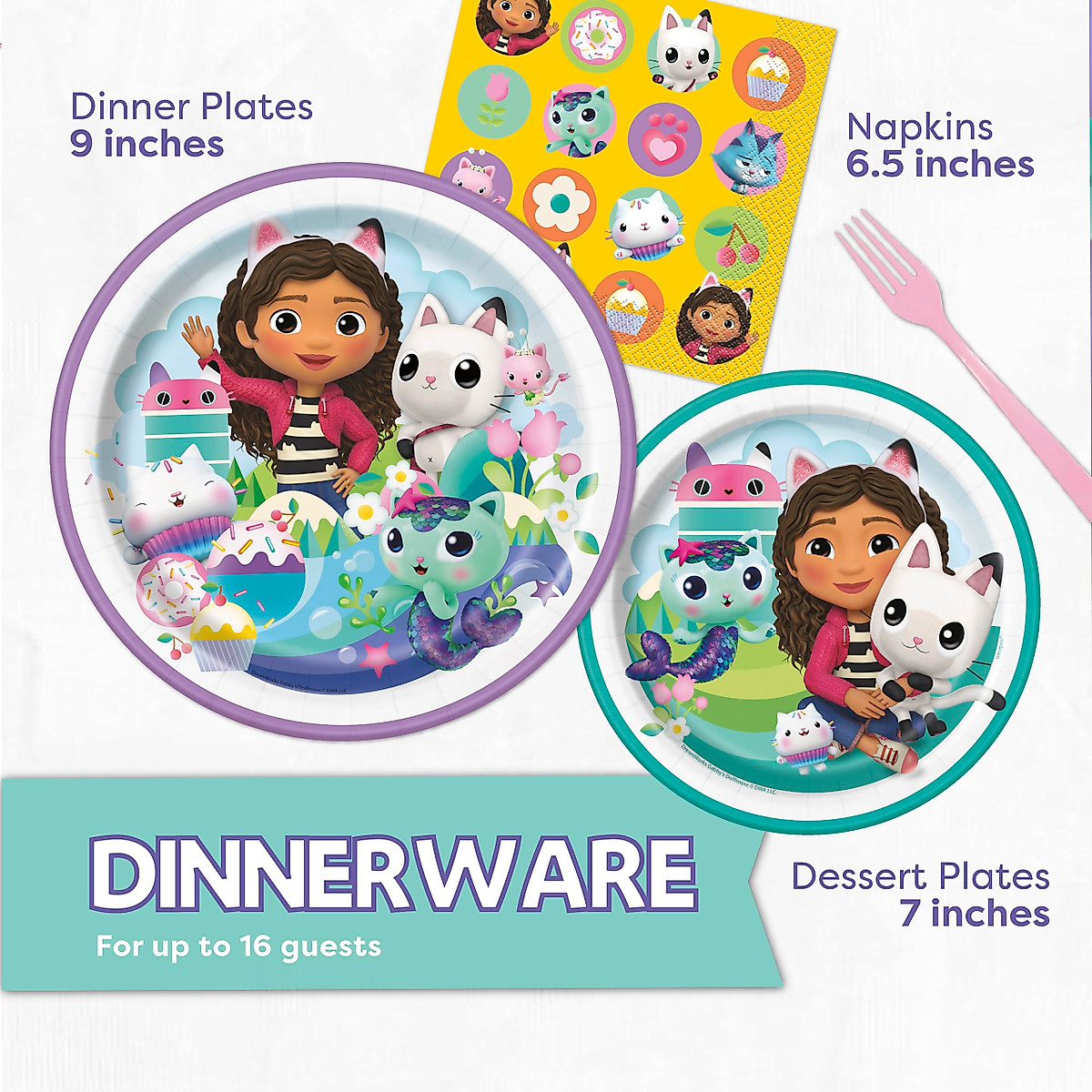 Unique Gabby's Dollhouse Party Supplies | Gabby Dollhouse Party Supplies | Gabby Doll House Party Supplies | Officially Licensed | Banner, Tablecover, Plates, Napkins, Button | Serves 16 Guests