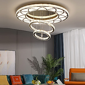 Flashing God W40inches Big Crystal Chandeliers Lampara De Sala Grande Moderna Flush Mount Large Pendant Chandeliers High Ceiling Chandelier for Living Room Dining Room Bedroom LED Dimmable 2700-6000k