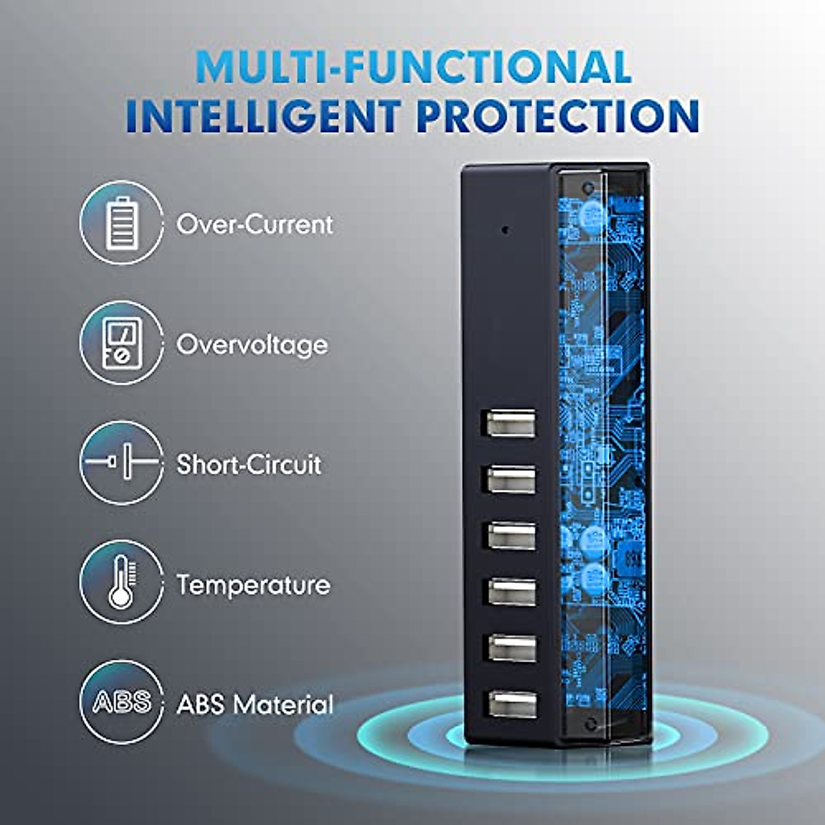 USB Car Charger, 6-Port Fast 65W Car Charger Cigarette Lighter Adapter DC with Smart Identification Compatible with iPhone, Android, Tablet and Other USB Devices