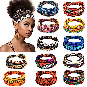 Censen 12 Pcs African Headbands for Women - Chiffon Knotted Assorted Bandeau Headbands Wide Yoga Elastic Hair Wraps - Hair Accessories for Girls Lady Running (Vivid)