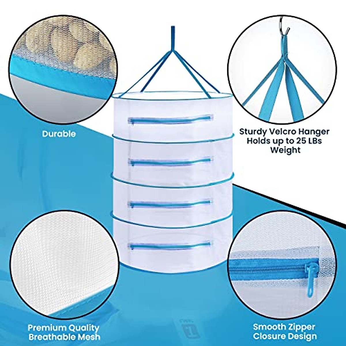 Tarli 4 Layer Herb Drying Rack Comes with Fabric Cover - 8 inch Bigger Shelves and Premium Breathable Mesh for Efficient Drying of Herbs, Flowers, Seeds, Fish, etc - Designed in USA