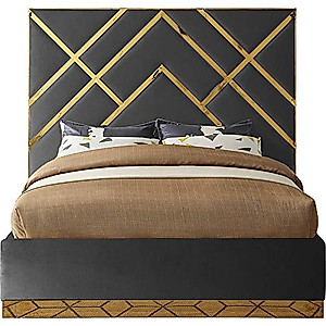 Meridian Furniture VectorGrey-K Vector Collection Modern | Contemporary Velvet Upholstered Bed, Custom Gold Metal Base and Polished Gold Metal Design, 97.5" W x 85.5" D x 68" H, Grey, King