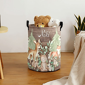Woodland Forest Animals Round Storage Basket Personalized Name Laundry Basket Waterproof Nursery Hamper with Handle for Living Room Bedroom and Clothes