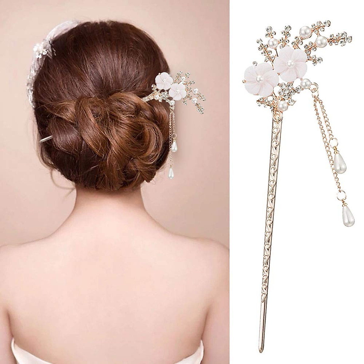 2 Pcs Rhinestone Pearl Flower Hair Stick Chinese Hair Chopsticks Vintage Tassel Hair Pin Chignon Pin Chopsticks Hair Styling Hair Making Accessories for Women (White)1