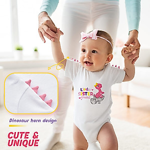 WAWSAM Little Sister Bodysuit Newborn Baby Girls’ Dinosaur Romper Sibling Outfit Infant Toddler Cotton Printed Short sleeve Onesies Dino Casual Summer Jumpsuit Gift (white, 0-3 Months)