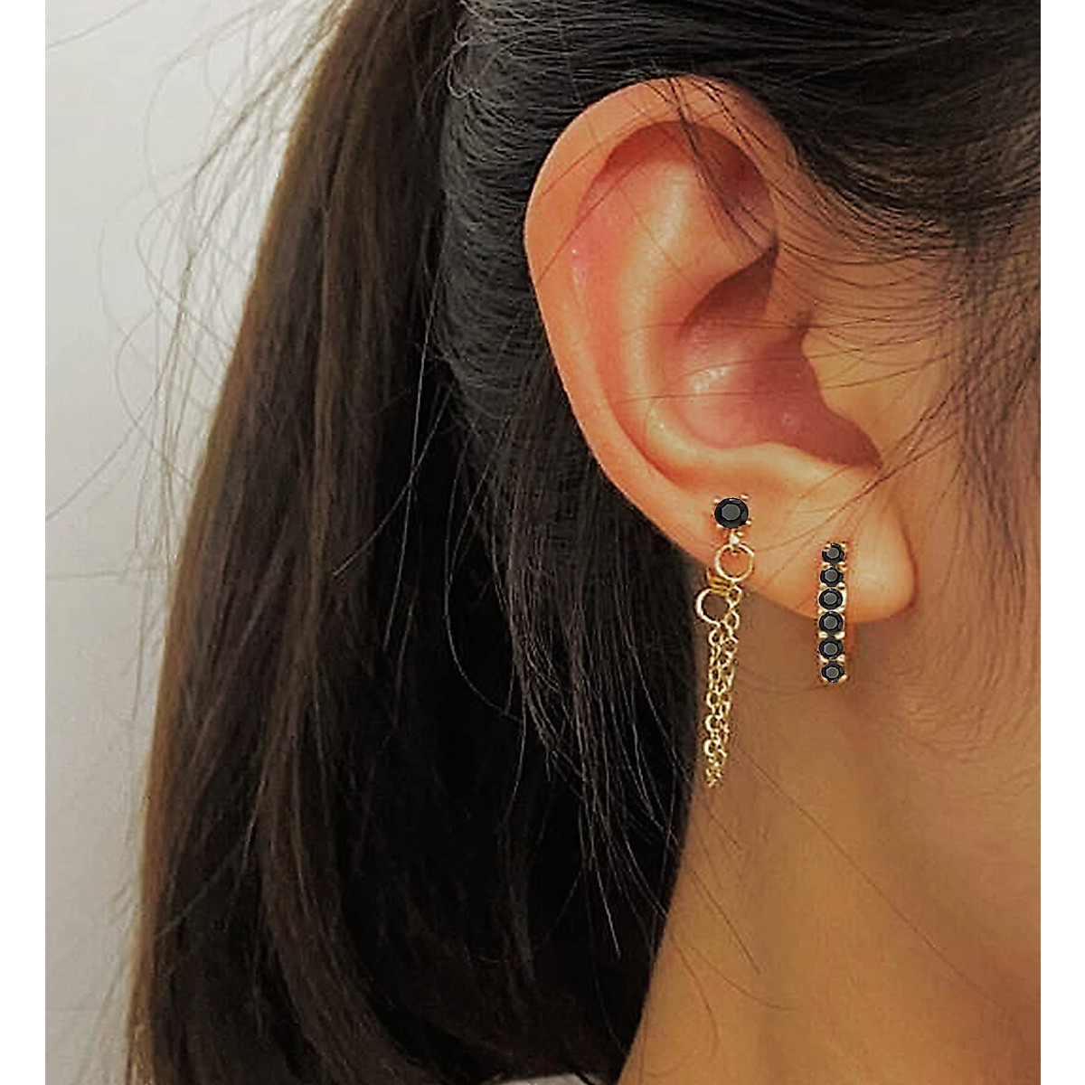 5 Pairs Gold Huggies Hoop Earrings Set for Women Girls Small Dangle Chain Hoop Earrings Jewelry for Gifts (Gold-Black)