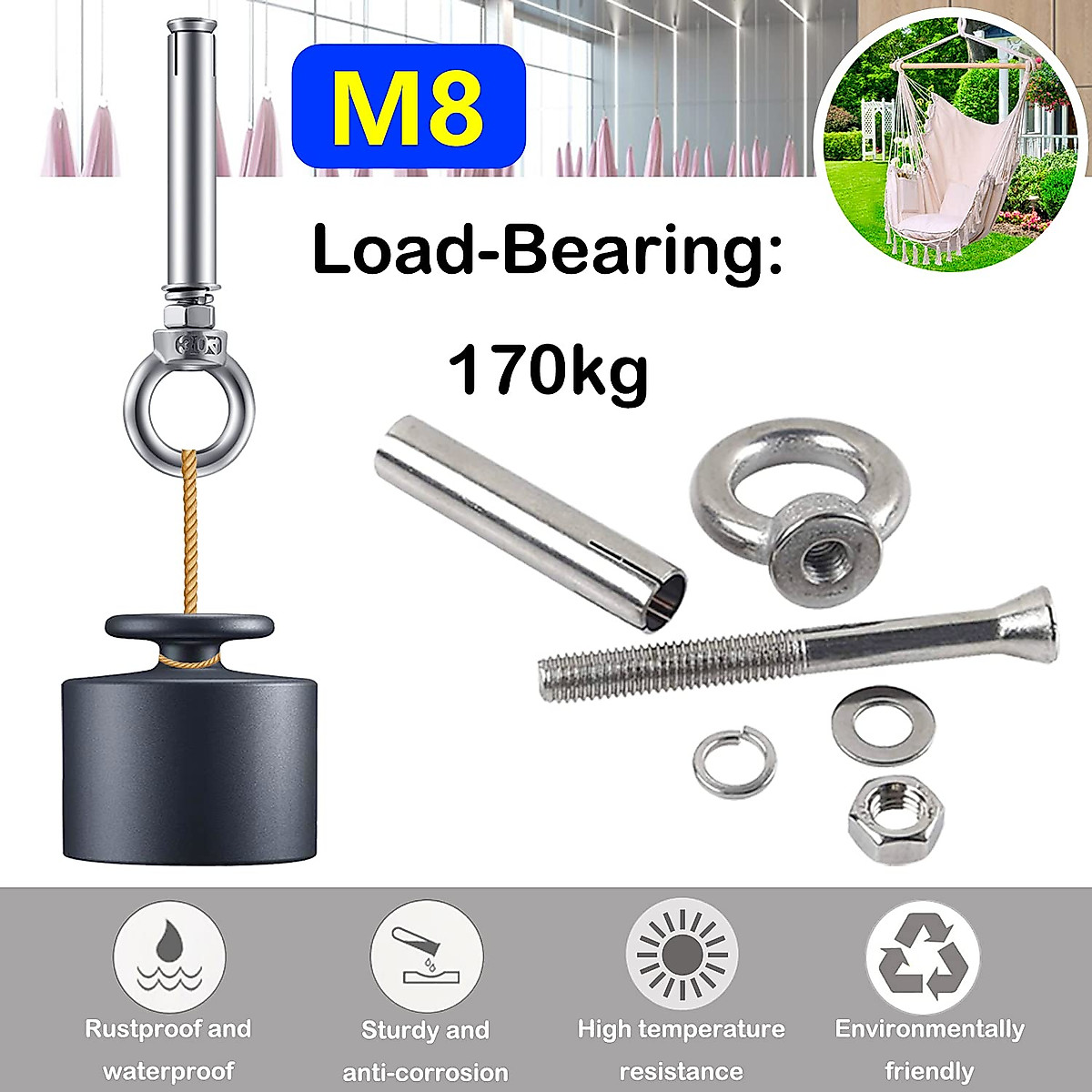 Reedny,Eyebolt Bolt Stainless Steel Wall Concrete Brick Anchor Expansion Bolts Ring Screw Eyes,Heavy Duty Anchor Fastener Eye Bolt (M8, 4 Pcs)