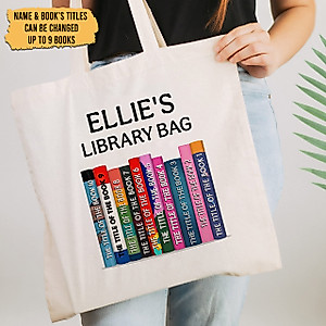 Hyturtle Personalized Library Bag A Stack Of Books Canvas Tote Bags, Customized Name & Book For Travel, Grocery Shopping Tote Bag, Gifts For Women, Reading Lovers, Book Lovers On Birthday