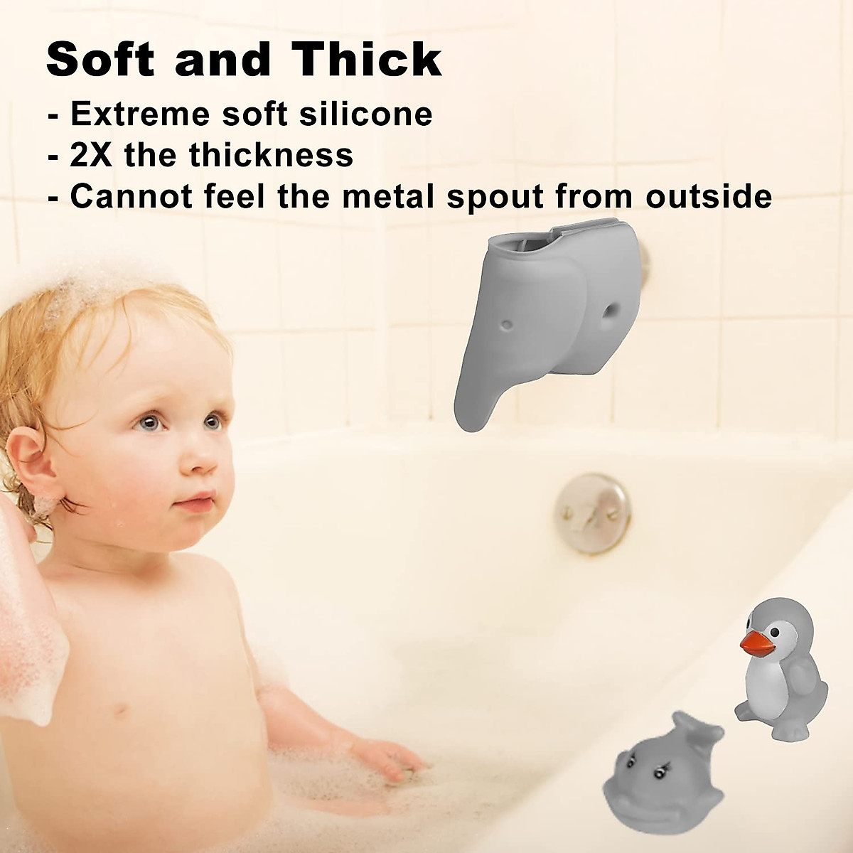 Bath Spout Cover, Faucet Cover Baby Tub Spout Cover Bathtub Faucet Cover for Kids -Tub Faucet Protector for Baby - Silicone Spout Cover Gray Elephant - Kids Bathroom Accessories - Free Bathtub Toys