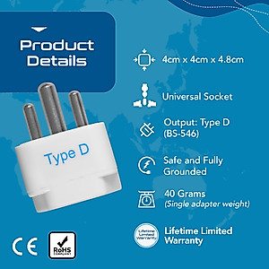 Ceptics India Travel Plug Adapter (Type D) for Pakistan, Nepal, Bangladesh - 3 Pack [Grounded & Universal] (GP-10-3PK)