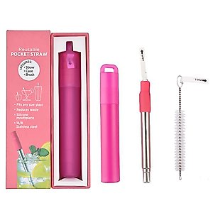 Hoshen Reusable Stainless Steel Telescopic Straw, Portable Straw, With Silicone Nozzle And Cleaning Brush (Original Box), Red，1 Piece