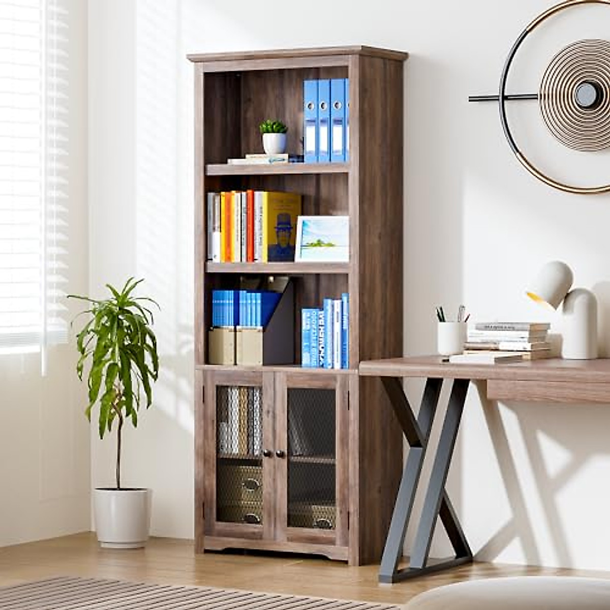 Naice Bookshelf 70" Tall Bookcase, 5 Shelf Book Shelf with Glass Doors Adjustable Display Storage Shelves Wood Large Bookshelf Furniture for Bedroom Home Office Living Room
