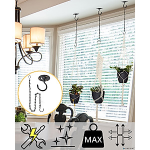 NACETURE Ceiling Hooks for Hanging Plants 3 Pack - Plant Hanger Indoor Hanging Hooks Metal Plant Bracket Iron Lanterns Hangers for Wind Chimes, Planters (Round White 3 Pack) (Black With Chain, 3 Pack)