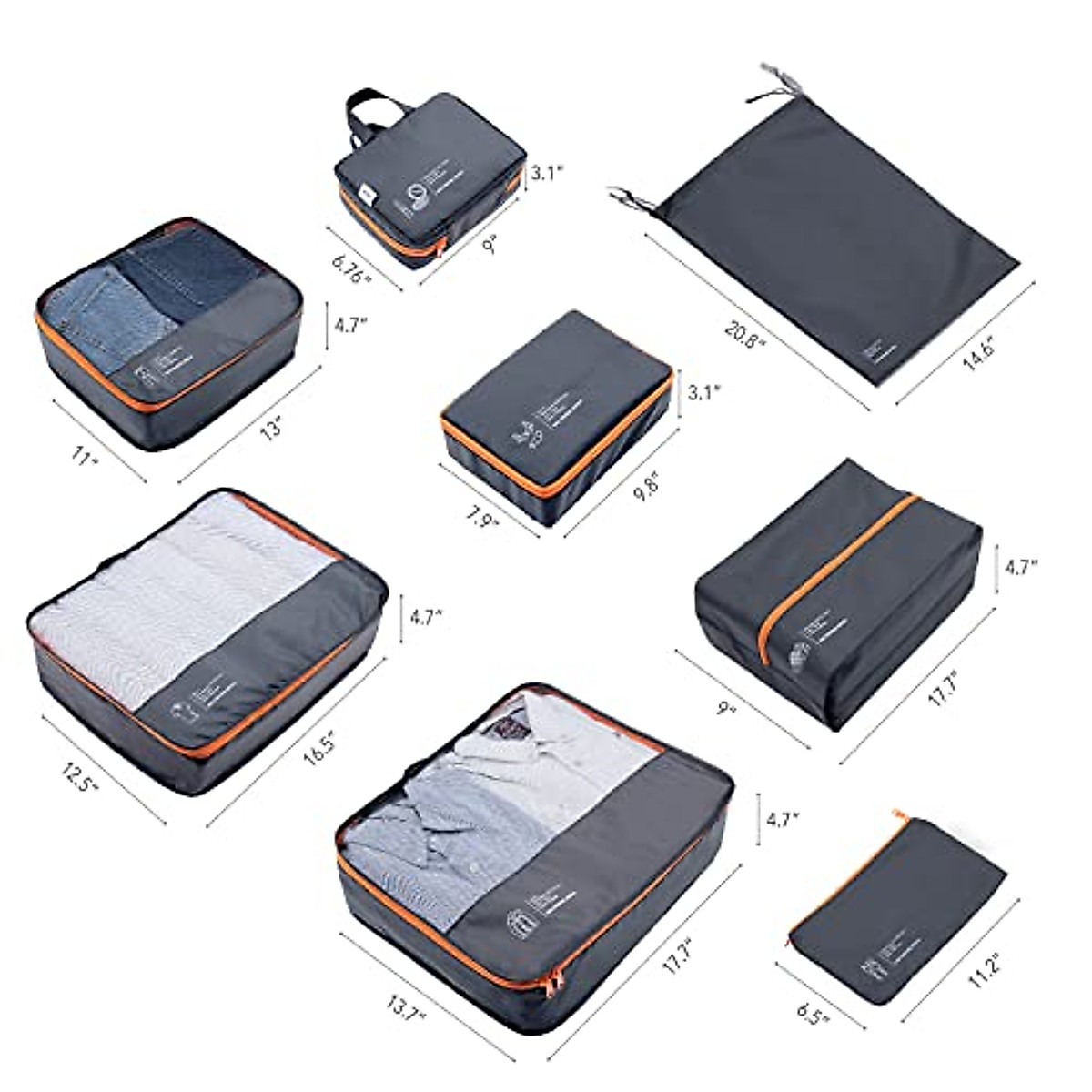 DIMJ Packing Cubes for Suitcases,8 Sets Travel Luggage Organizers for Travel Accessories with Waterproof Shoe Bag and Lightweight Durable Packing Pouches. (Black)