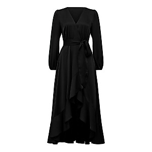PRETTYGARDEN Women's Satin Fall Dress Semi Formal Satin Long Sleeve Wrap V Neck Ruffle Belted A-Line Flowy Maxi Dresses (Black,Small)