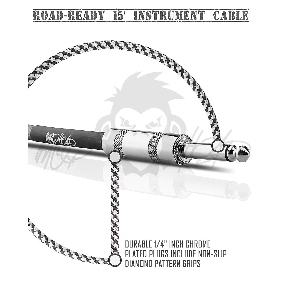 Mophead 15-Foot Guitar Instrument Cable - 1/4 Inch TS to 1/4 Inch TS Right Angle Pro Grade Double Insulated Tweed Braided for Electric Guitar, Bass, Amp, Keyboard (Black and White)