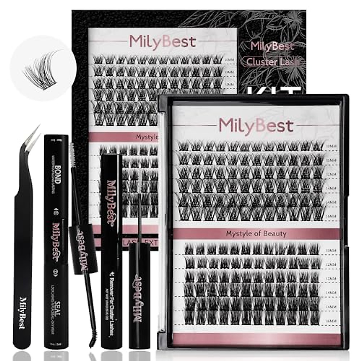 MilyBest DIY Eyelash Extension Kit with 144 Pcs Lash Clusters Bond and Seal Eyelash Glue Remover Eyelash Tweezers Applicator Beginner Set 10-16mm Thin Band Cluster Lashes Kit (Kit-2 Styles, M02)
