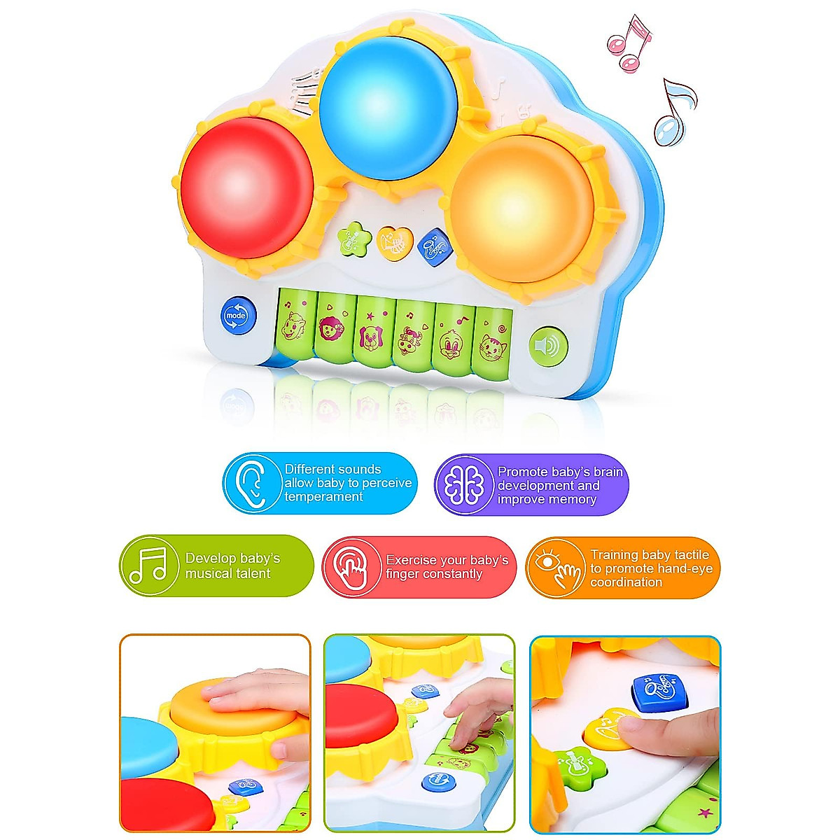 KingsDragon Baby Musical Keyboard Piano Drum Set,Learning Light up Toy, Early Educamional Montessori Toys for Babies Toddler Boys Girls Birthday