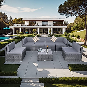 Welpatio 7 Piece Outdoor Patio Furniture Sets with Cushions, PE Rattan Wicker Outdoor Sectional Furniture Conversation Patio Set with Slat Coffee Table and 2 Pillows, Light Gray/Gray