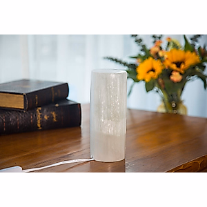 AMOYSTONE White Selenite Electric Lamp Natural Gemstones Crystals Light 3-4 lbs with Cord and Led Bulb Cylindrical 7"
