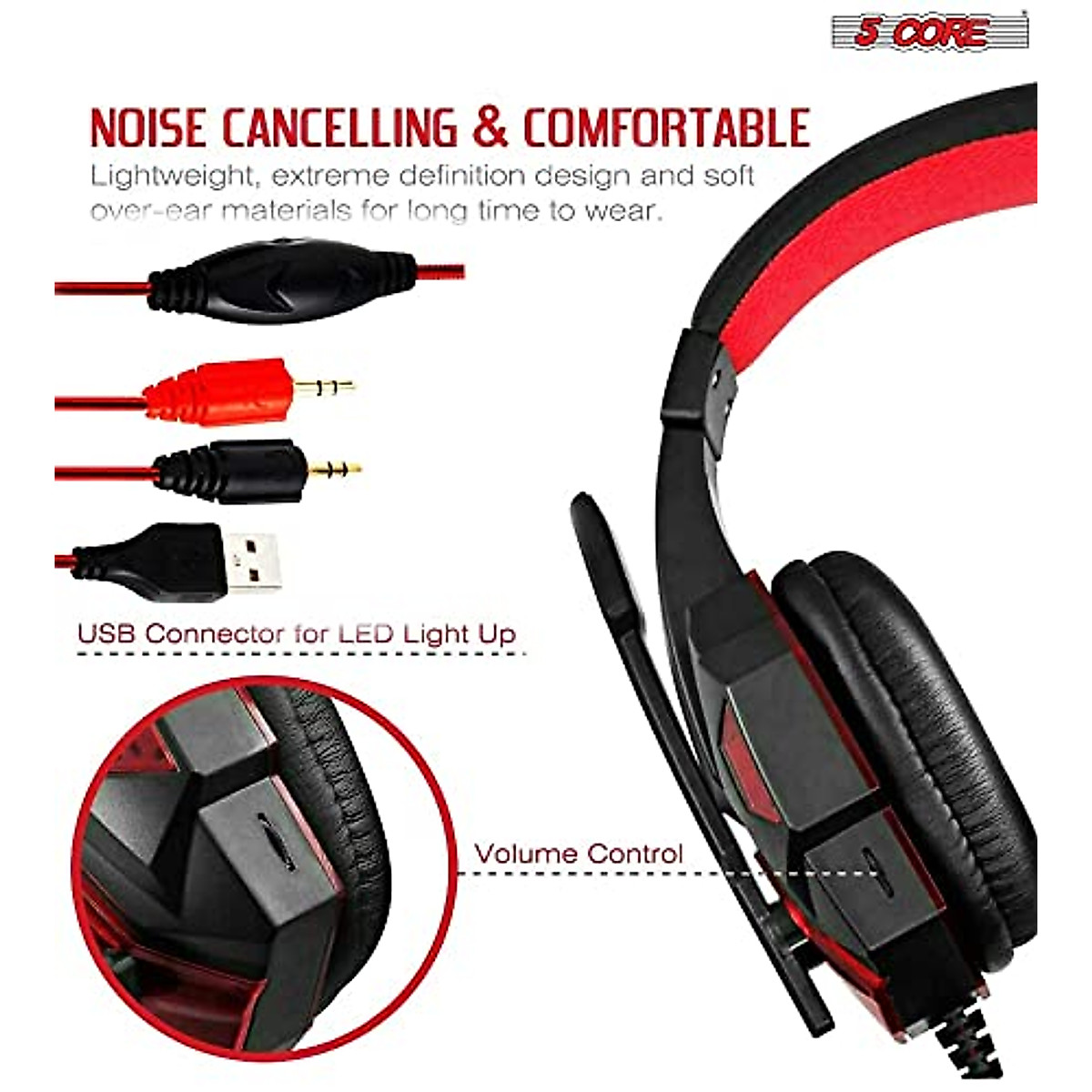 5 CORE Gaming Headset for PS4 PC One PS5 Console Controller, Noise Cancelling Microphone Over Ear Stereo Headphones with Mic, LED Light, Bass Surround, Earmuffs for Laptop Mac NES Games HDP GM1 R